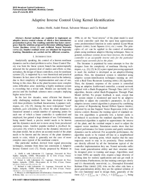 (PDF) Adaptive inverse control using kernel identification | S. Monaco ... (PDF) Adaptive inverse control using kernel identification | S. Monaco ...