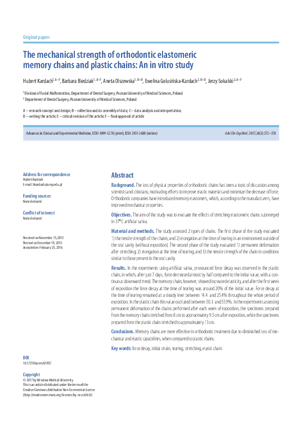 (PDF) The mechanical strength of orthodontic elastomeric memory chains ...