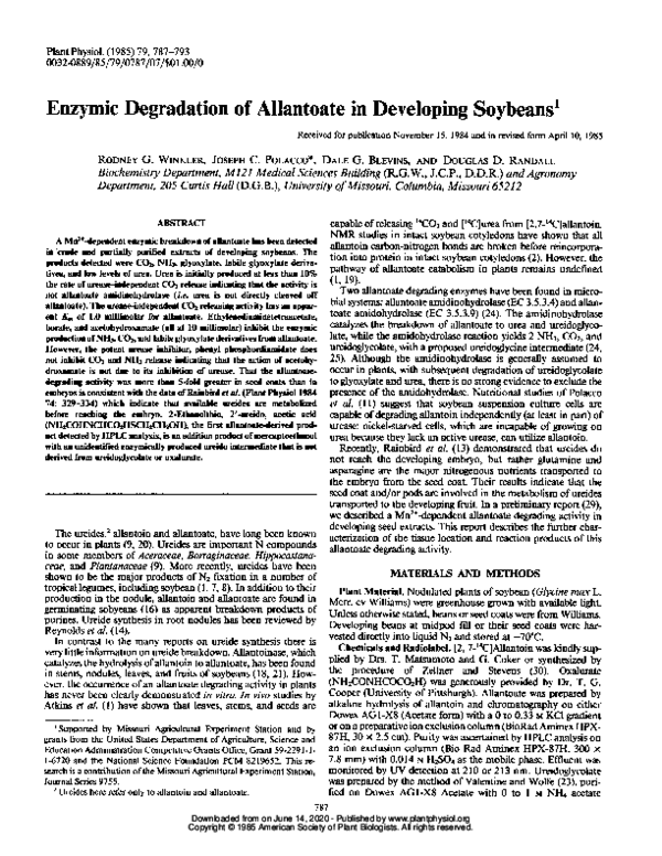 (PDF) Enzymic Degradation of Allantoate in Developing Soybeans