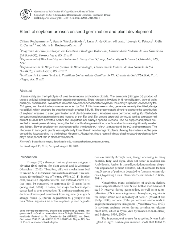 (PDF) Effect of soybean ureases on seed germination and plant development