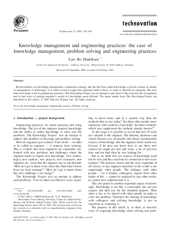(PDF) Knowledge management and engineering practices: the case of knowledge management, problem ...