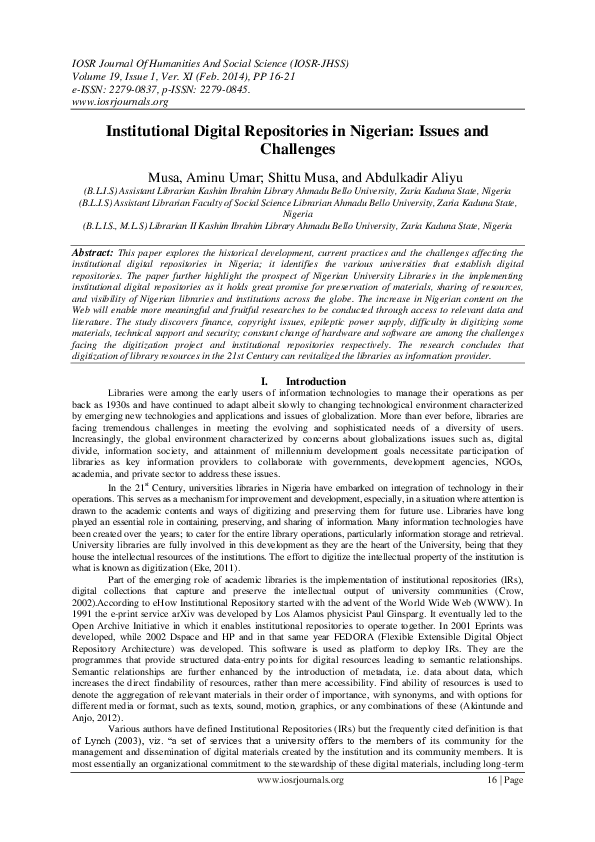 Pdf Institutional Digital Repositories In Nigerian Issues And Challenges