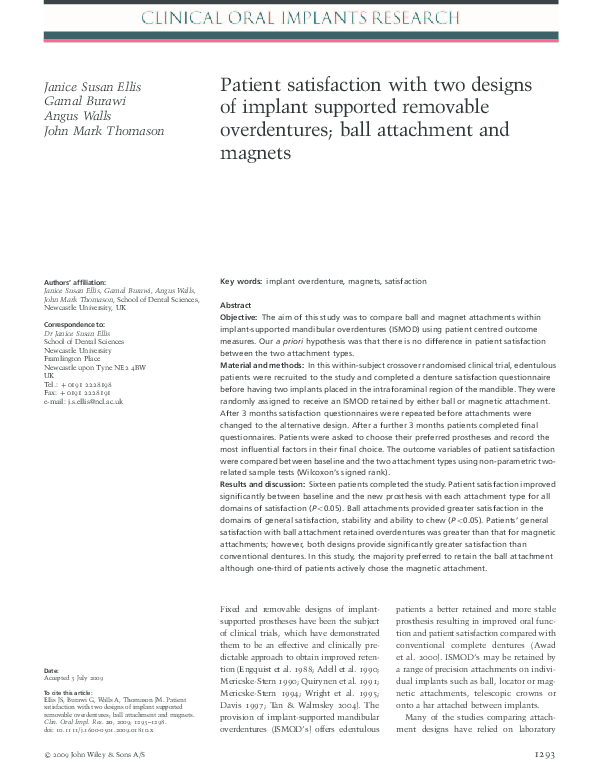 Pdf Patient Satisfaction Ball Vs Magnet Overdentures