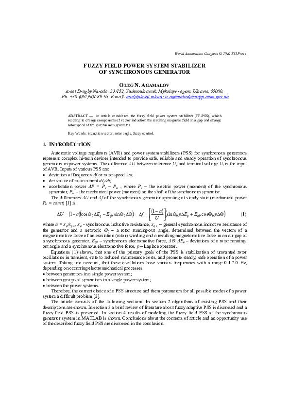 (PDF) Fuzzy Field Power Stabilizer for Synchronous Generators