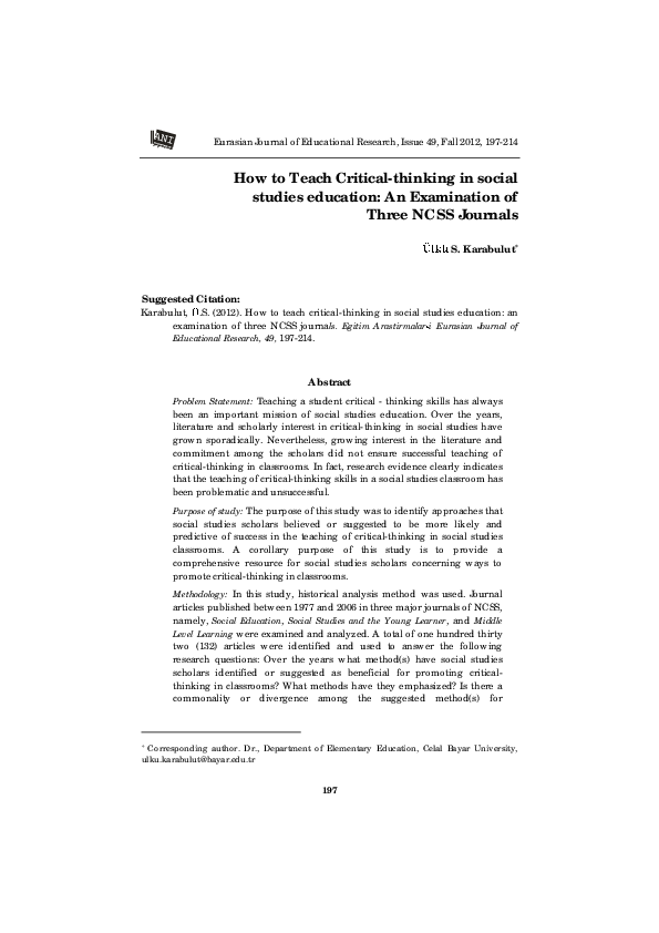 (PDF) How to Teach Critical-Thinking in Social Studies Education: An ...
