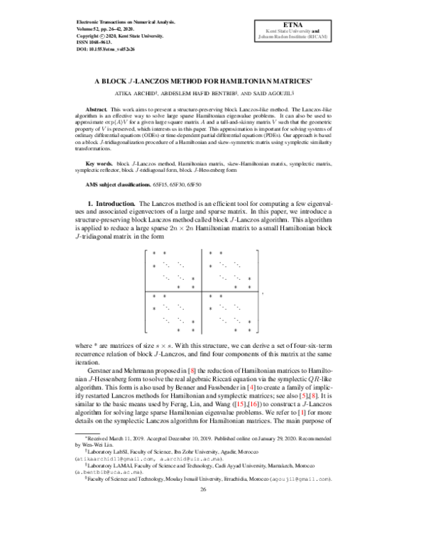 Pdf A Block J Lanczos Method For Hamiltonian Matrices