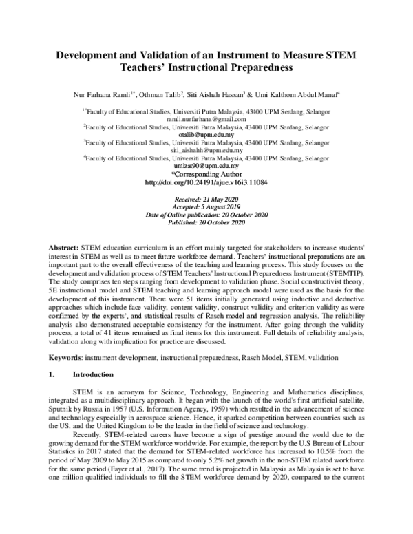 Pdf Development And Validation Of An Instrument To Measure Stem