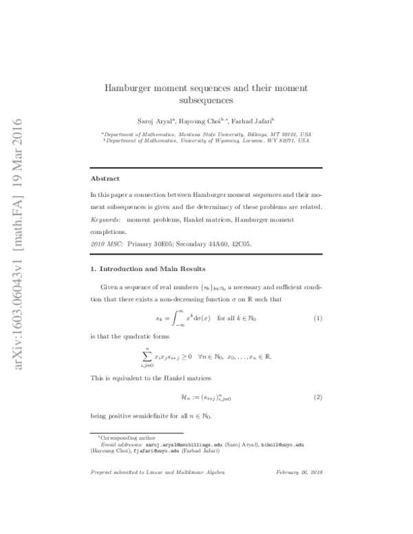 (PDF) Hamburger moment sequences and their moment subsequences