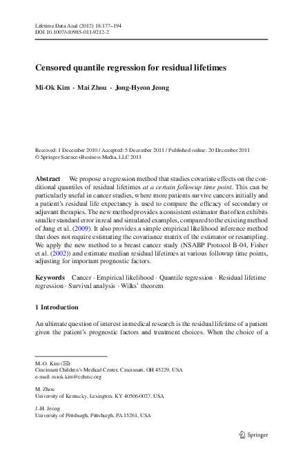 (PDF) Censored quantile regression for residual lifetimes