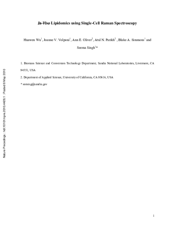 (PDF) In vivo lipidomics using single-cell Raman spectroscopy