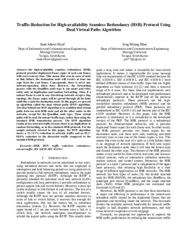 (PDF) Traffic-Reduction for High-Availability Seamless Redundancy (HSR) Protocol Using Dual ...