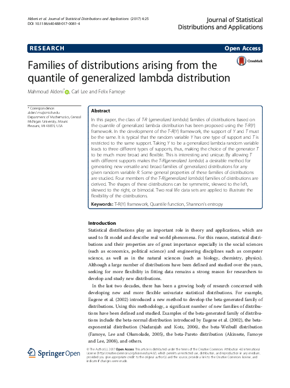 Pdf Families Of Distributions Arising From The Quantile Of Generalized Lambda Distribution