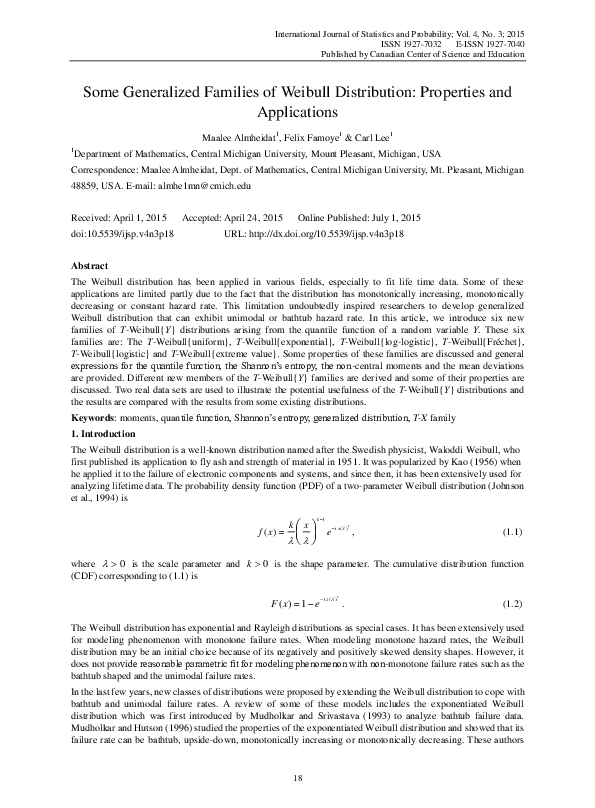 (PDF) Some Generalized Families of Weibull Distribution: Properties and Applications