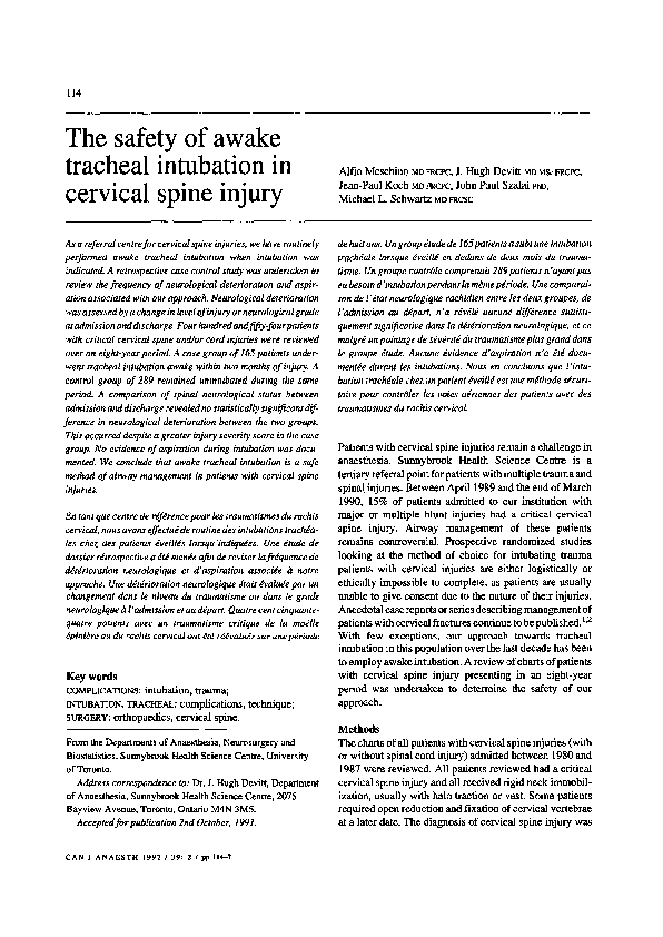 The safety of awake tracheal intubation in cervical spine injury