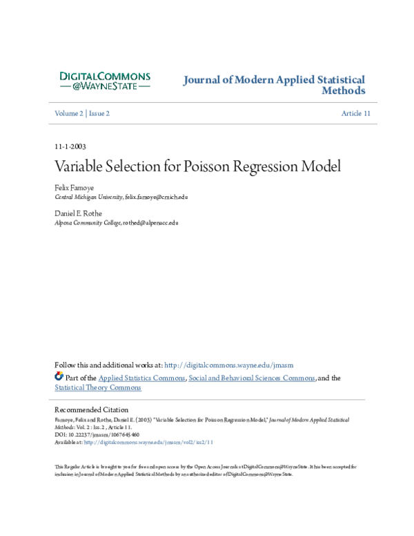 Pdf Variable Selection For Poisson Regression Model