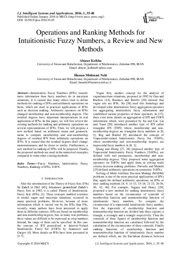 Pdf Operations And Ranking Methods For Intuitionistic Fuzzy Numbers A Review And New Methods 