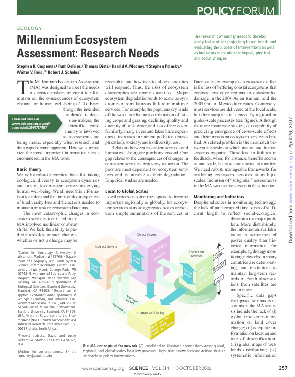 (PDF) ECOLOGY: Enhanced: Millennium Ecosystem Assessment: Research ...