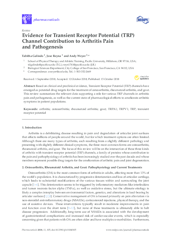 (PDF) Evidence for Transient Receptor Potential (TRP) Channel Contribution to Arthritis Pain and ...
