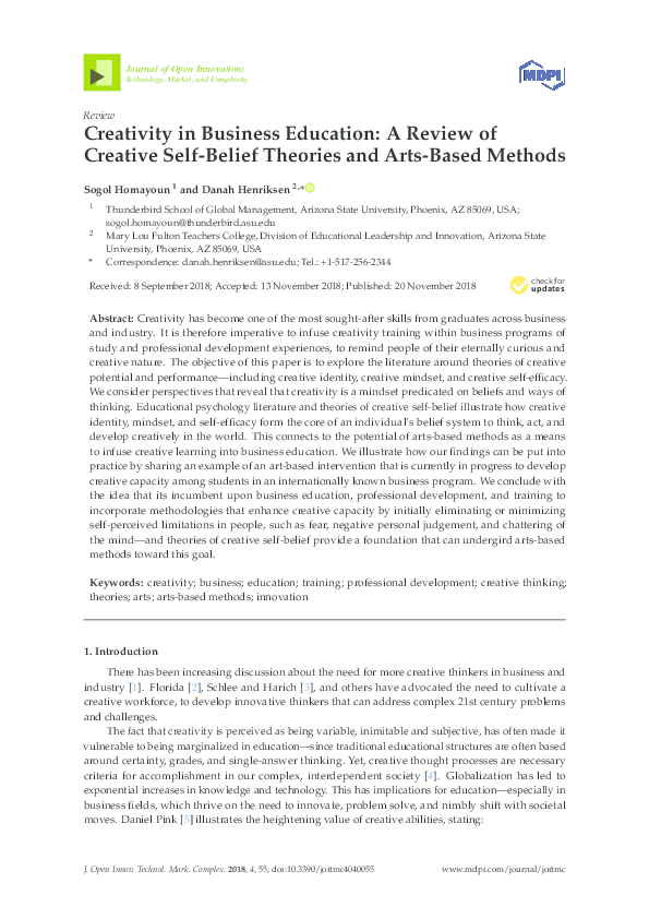 (PDF) Creativity in Business Education: A Review of Creative Self-Belief Theories and Arts-Based ...