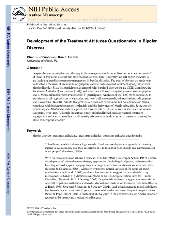 (PDF) Development of the treatment attitudes questionnaire in bipolar ...