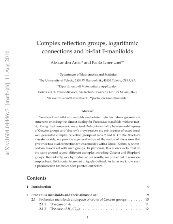 (PDF) Complex reflection groups, logarithmic connections and bi-flat F-manifolds