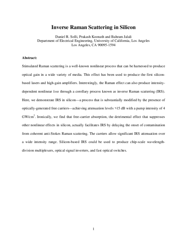 (PDF) Inverse Raman scattering in silicon: A free-carrier enhanced effect