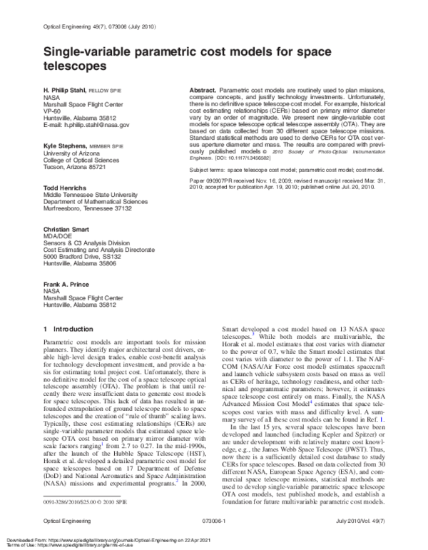 (PDF) Single-variable parametric cost models for space telescopes