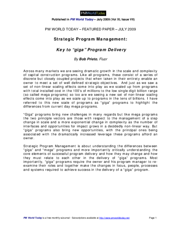 (PDF) Strategic Program Management: Key to " giga " Program Delivery