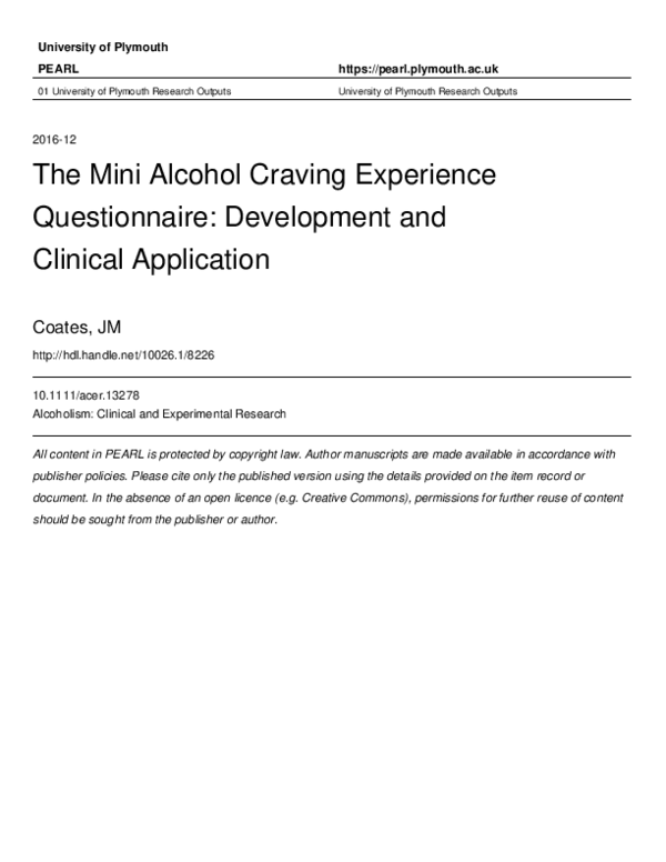 (PDF) The Mini Alcohol Craving Experience Questionnaire: Development ...