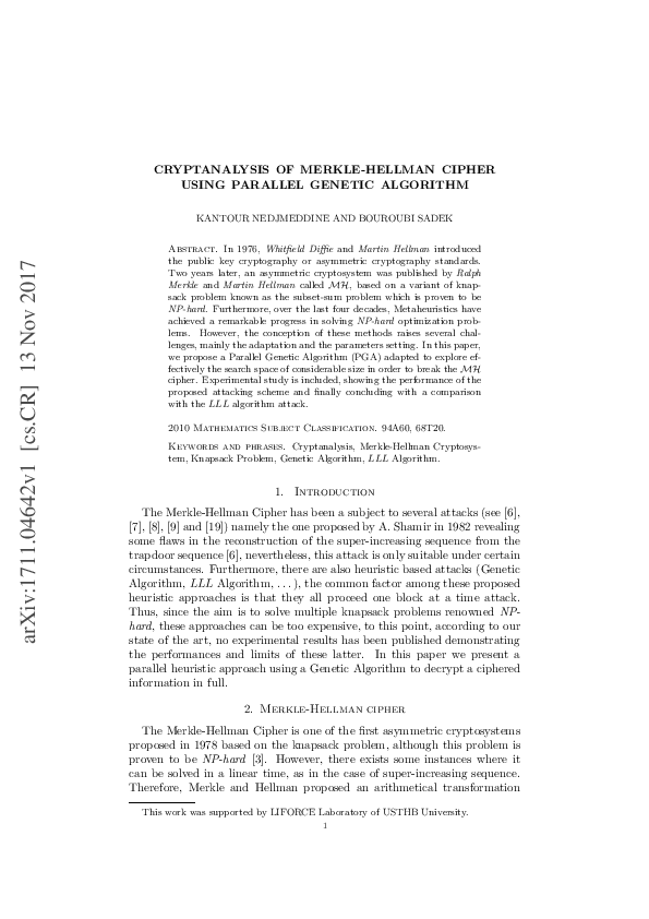 (PDF) Cryptanalysis of Merkle-Hellman Cipher Using Parallel Genetic Algorithm