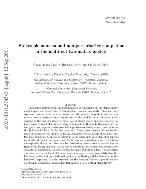 (PDF) Stokes phenomena and non-perturbative completion in the multi-cut ...