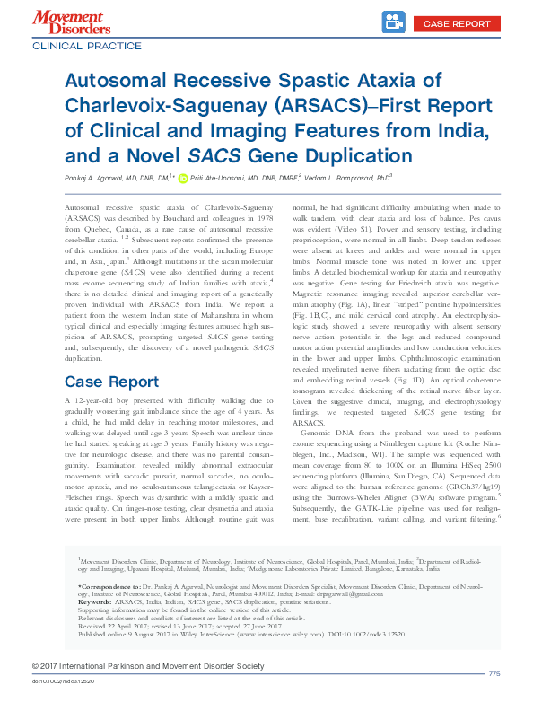 (PDF) Autosomal Recessive Spastic Ataxia of Charlevoix-Saguenay (ARSACS): Clinical, Radiological ...