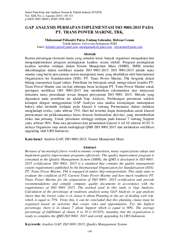 (PDF) GAP Analysis Persiapan Implementasi ISO 9001:2015 Pada PT. Trans Power Marine, Tbk