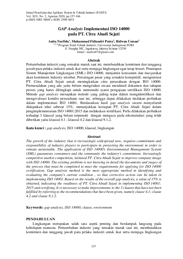 (PDF) GAP Analysis Implementasi ISO 14000 pada PT. Citra Abadi Sejati