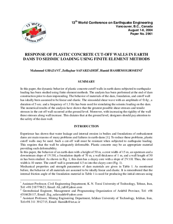 (PDF) Response of Plastic Concrete Cut-Off Walls in Earth Dams to ...