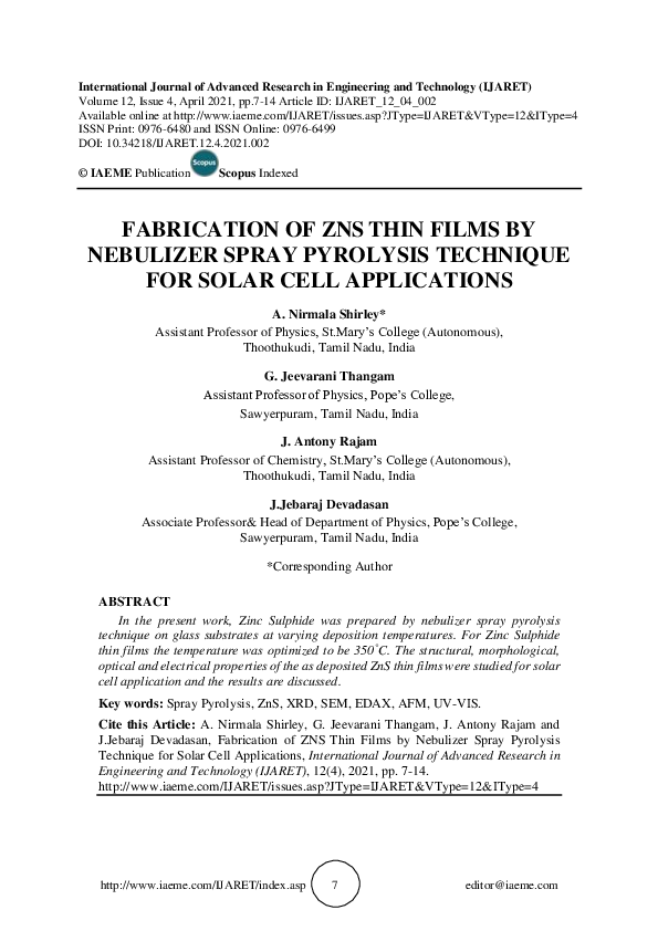 (PDF) ZnS Thin Films for Solar Cells via Spray Pyrolysis