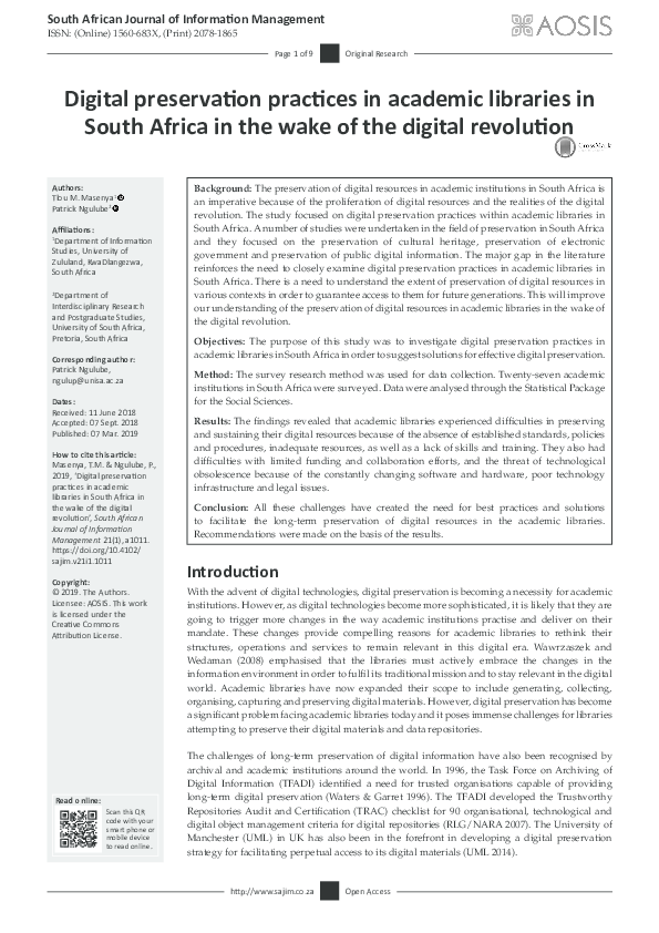 (PDF) Digital preservation practices in academic libraries in South ...