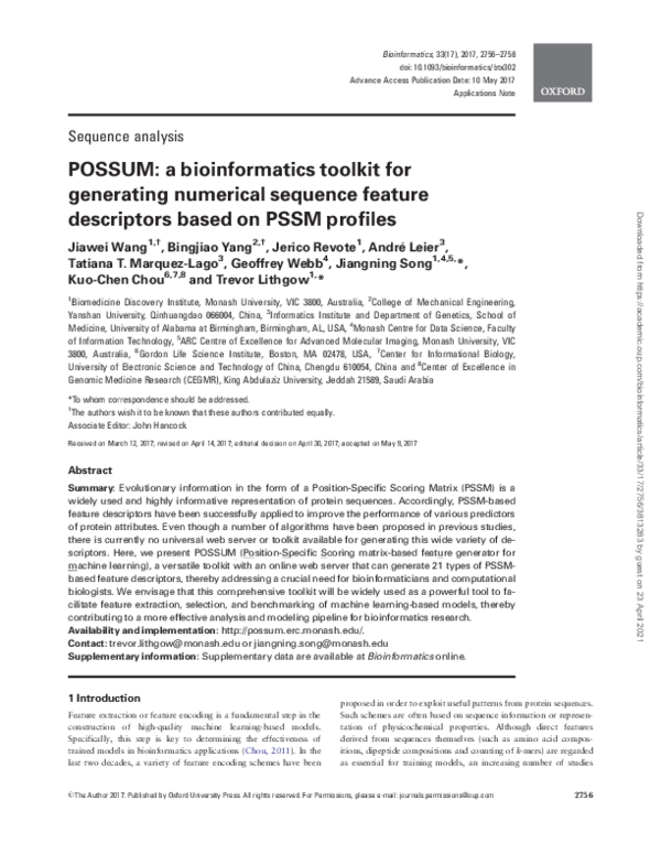 (PDF) POSSUM: a bioinformatics toolkit for generating numerical sequence feature descriptors ...