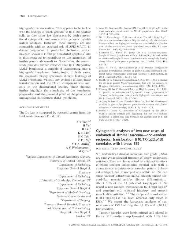 (PDF) Cytogenetic analyses of two new cases of endometrial stromal ...