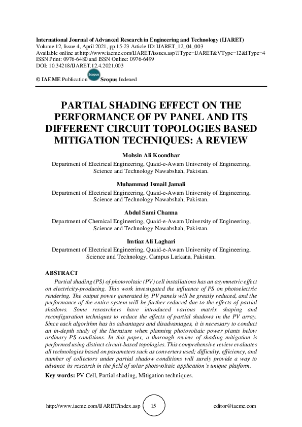 (PDF) ARTIAL SHADING EFFECT ON THE PERFORMANCE OF PV PANEL AND ITS ...