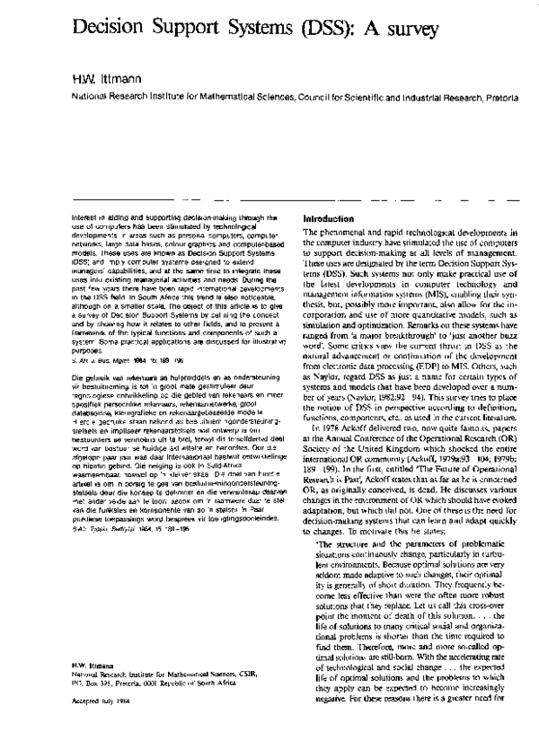 (PDF) Decision Support Systems (DSS): A survey