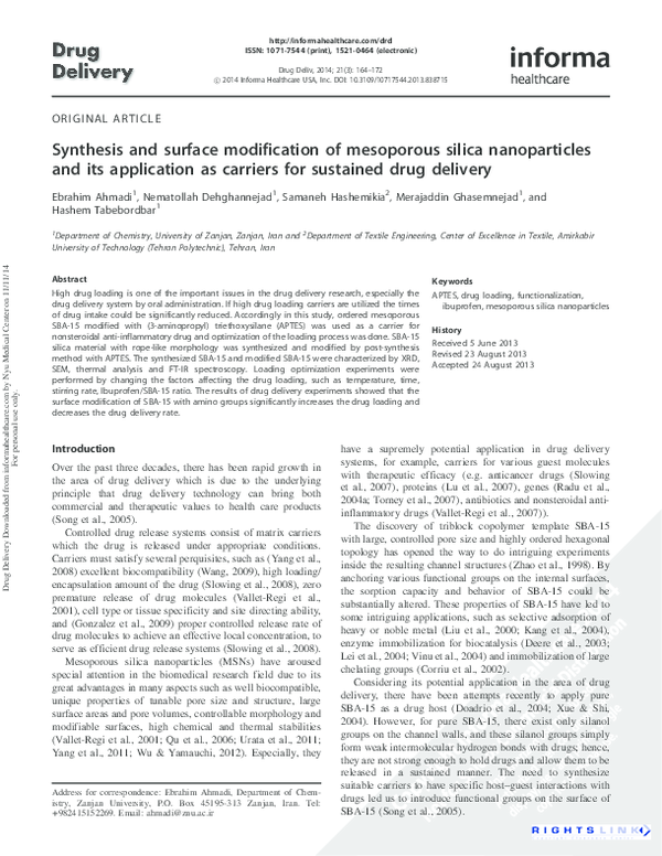 (PDF) Synthesis and surface modification of mesoporous silica nanoparticles and its application ...