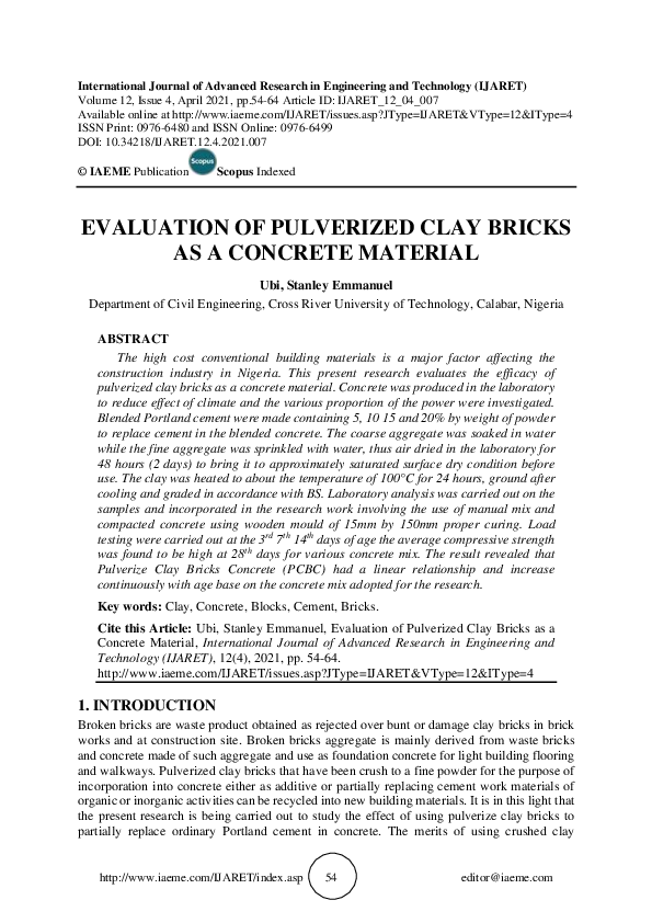 (PDF) EVALUATION OF PULVERIZED CLAY BRICKS AS A CONCRETE MATERIAL