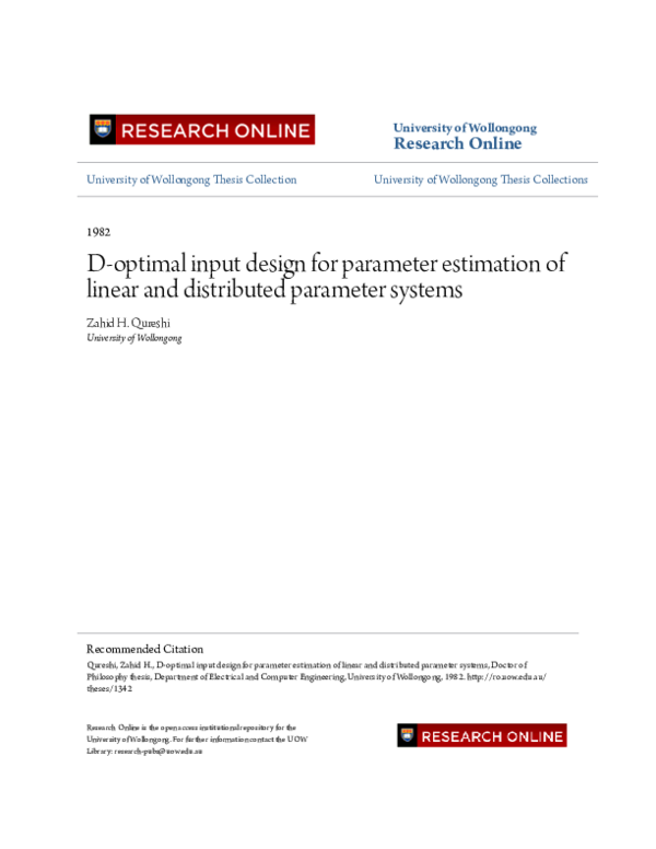 Pdf D Optimal Input Design For Parameter Estimation Of Linear And Distributed Parameter Systems