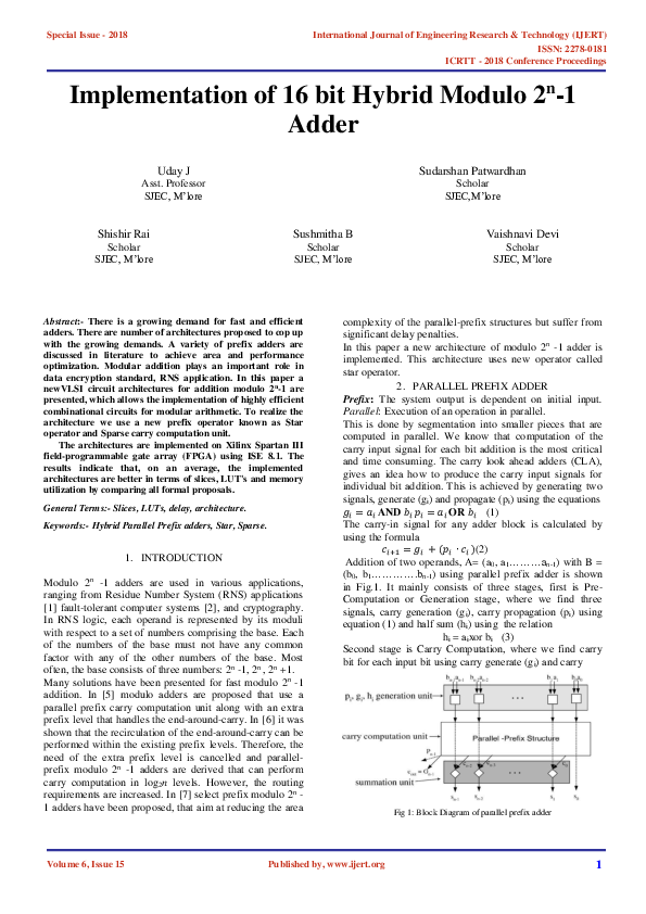 (PDF) IJERT-Implementation of 16 bit Hybrid Modulo 2n-1 Adder