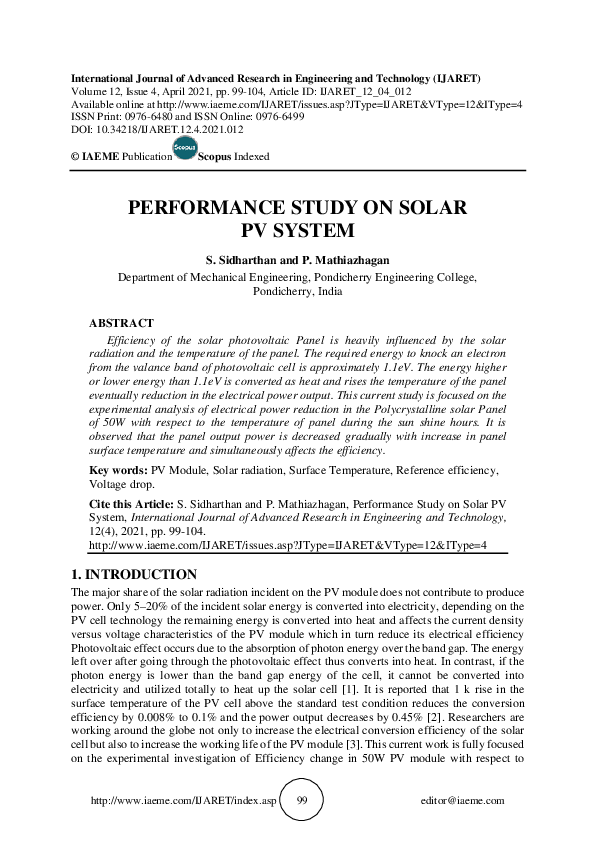 (PDF) PERFORMANCE STUDY ON SOLAR PV SYSTEM