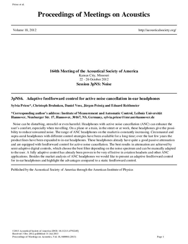 Pdf Adaptive Feedforward Control For Active Noise Cancellation In Ear 