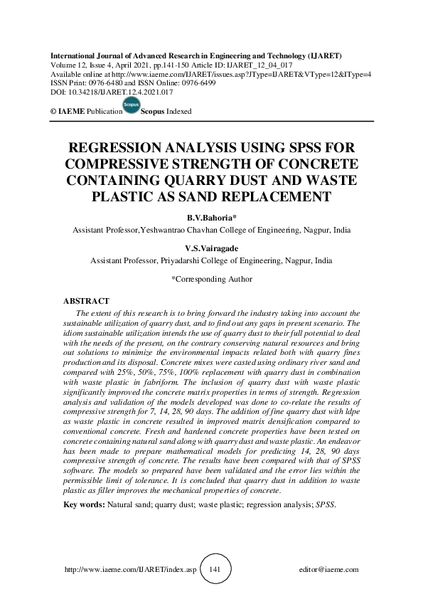 (PDF) REGRESSION ANALYSIS USING SPSS FOR COMPRESSIVE STRENGTH OF CONCRETE CONTAINING QUARRY DUST ...