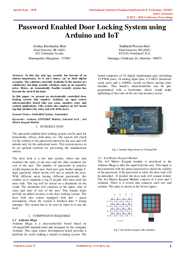 (PDF) IJERT-Password Enabled Door Locking System using Arduino and IoT