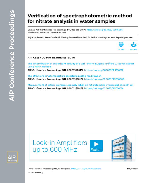 Pdf Verification Of Spectrophotometric Method For Nitrate Analysis In Water Samples